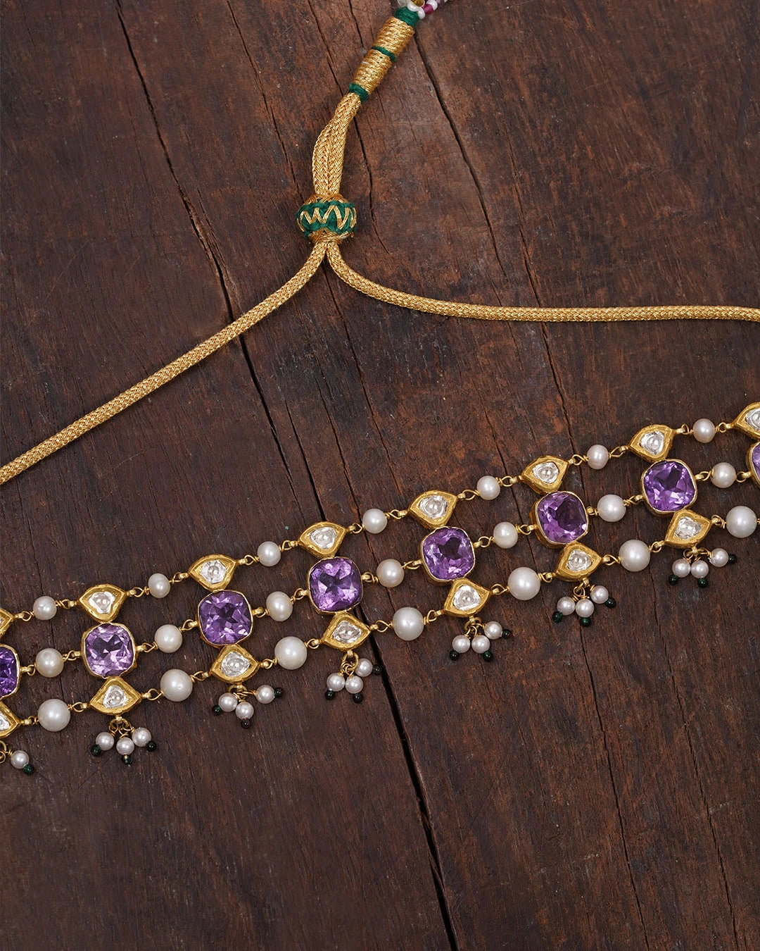 Amey Gold Uncut Diamond Amethyst and Pearl Choker Necklace – Artisanal ...